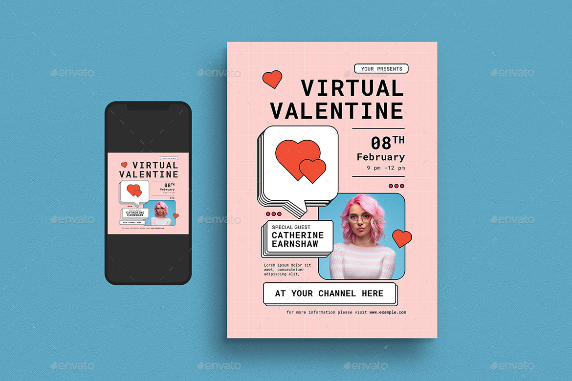 Virtual Valentine Event Flyer Set, Print Templates | GraphicRiver