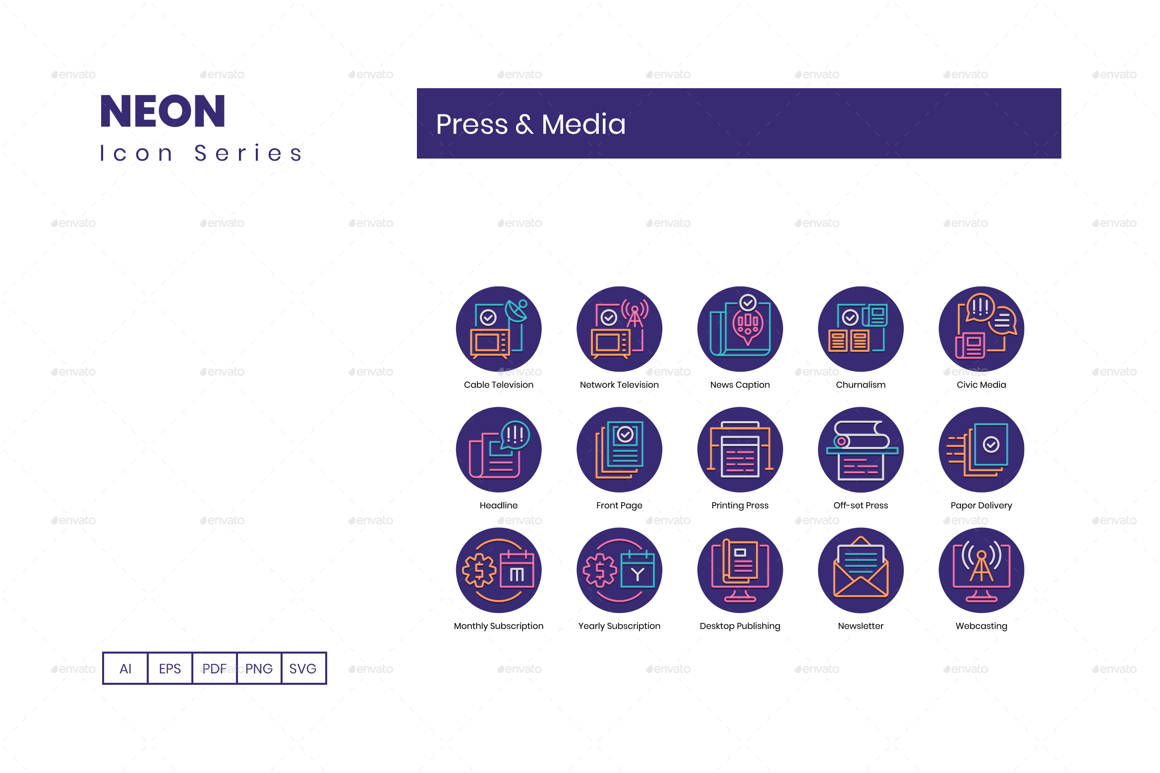 85 Press & Media Icons | Neon Series, Icons | GraphicRiver