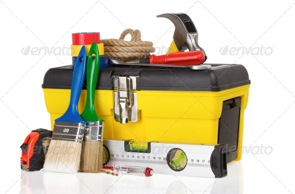 set of tools and instruments in toolbox on white Stock Photo by seregam