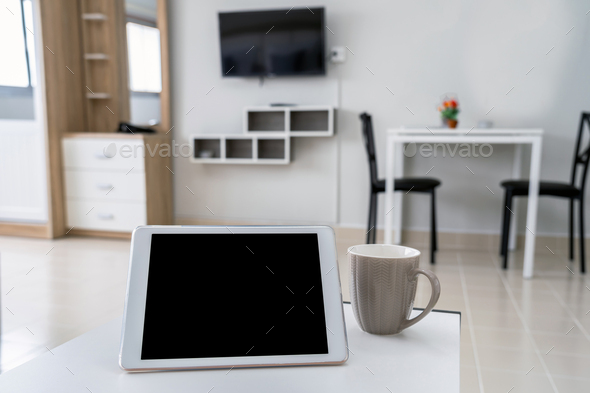 Luxury Interior living room with workspace working with technology ...