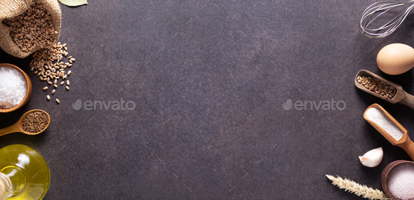 Bakery ingredients for homemade bread baking on table. Baker food set ...