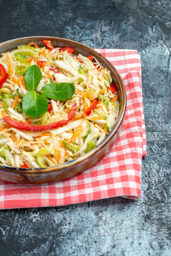 front view vegetable salad inside tray on light-grey background health ...
