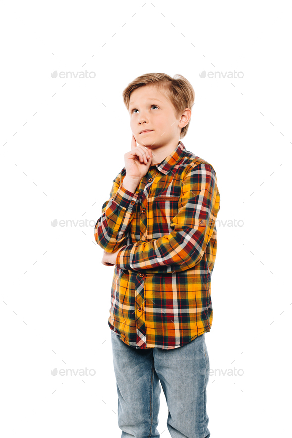 pensive little boy thinking and looking away isolated on white Stock ...