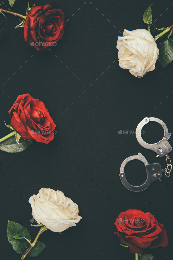 Metal handcuffs with rose flowers isolated on black Stock Photo by ...