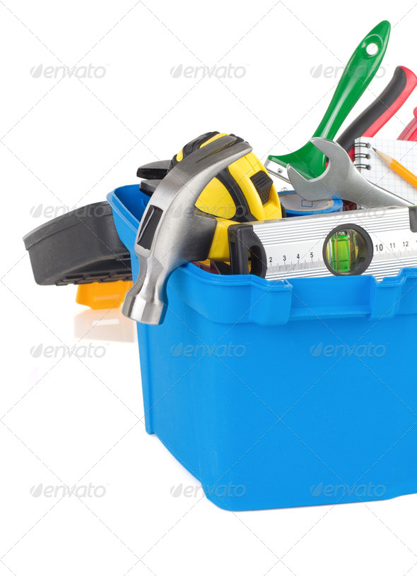 set of tools and instruments in box isolated on white Stock Photo by ...