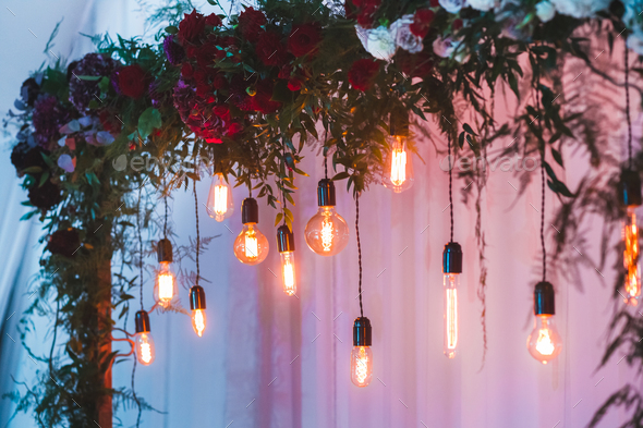 Wedding reception decoration with different electric edison lamps Stock ...
