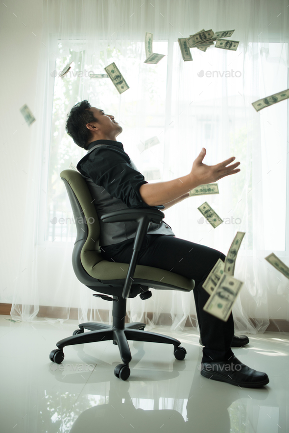 Happy business man throw money dollar bills, money bill and banknotes ...