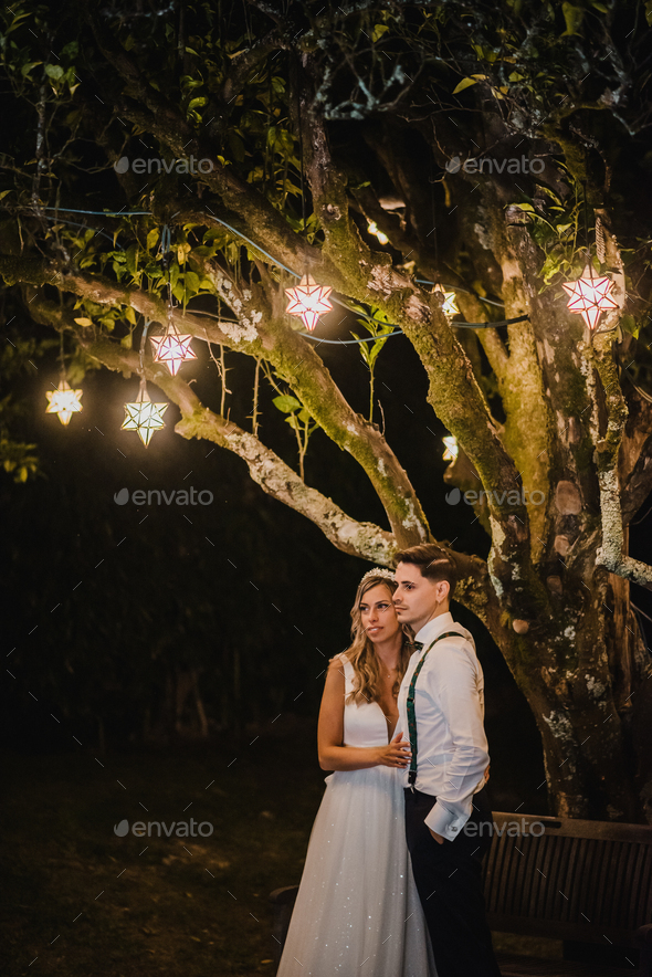 Just married couple under a tree at night Stock Photo by rubenchase