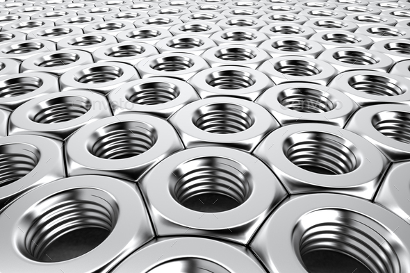 3D rendering shiny chrome nuts in form of honeycombs Stock Photo by ...