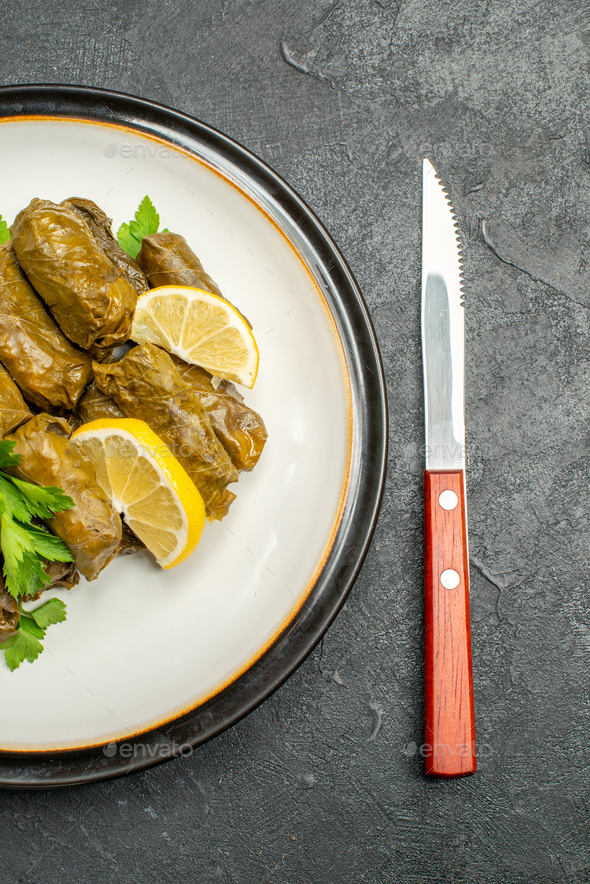 top half view azerbaijani cuisine dolma with lemon slices and parsley ...