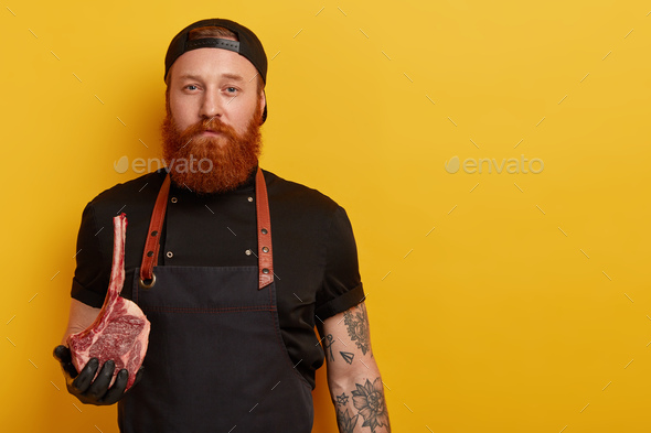 Serious red haired bearded Caucasian male chef holds uncooked raw piece ...