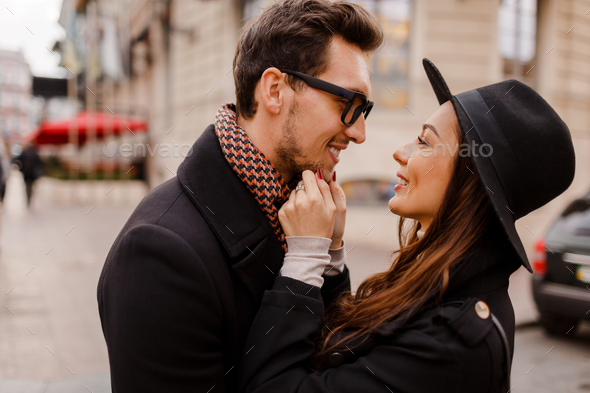 Romantic couple face to face hugging and smiling. Stock Photo by ...