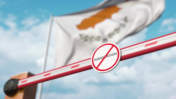Opening Barrier with Stop Immigration Sign at the Cypriot Flag, Motion ...