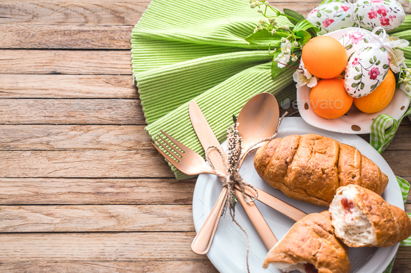 Easter breakfast on wooden background Stock Photo by puhimec | PhotoDune