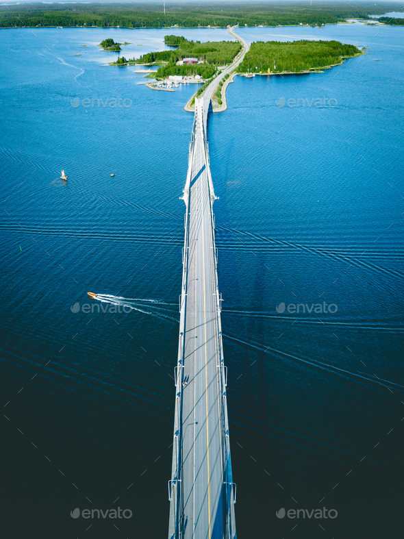 Aerial view of cable-stayed Replot Bridge, suspension bridge in Finland ...