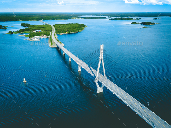 Aerial view of cable-stayed Replot Bridge, suspension bridge in Finland ...