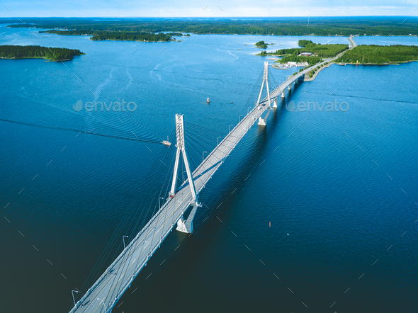 Aerial view of cable-stayed Replot Bridge, suspension bridge in ...