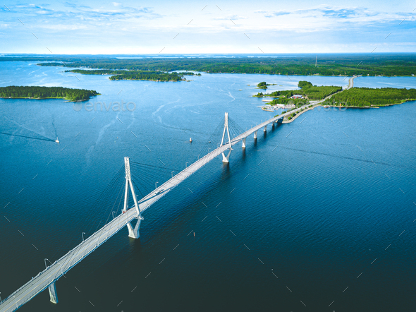 Aerial view of cable-stayed Replot Bridge, suspension bridge in Finland ...