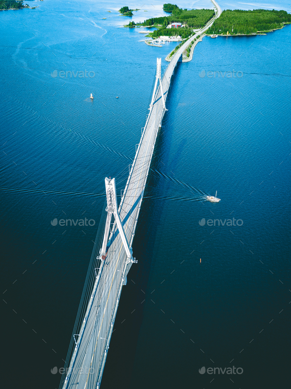 Aerial view of cable-stayed Replot Bridge, suspension bridge in Finland ...