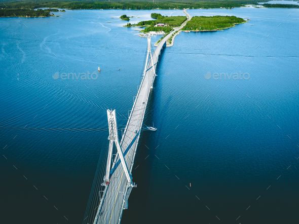 Aerial view of cable-stayed Replot Bridge, suspension bridge in ...