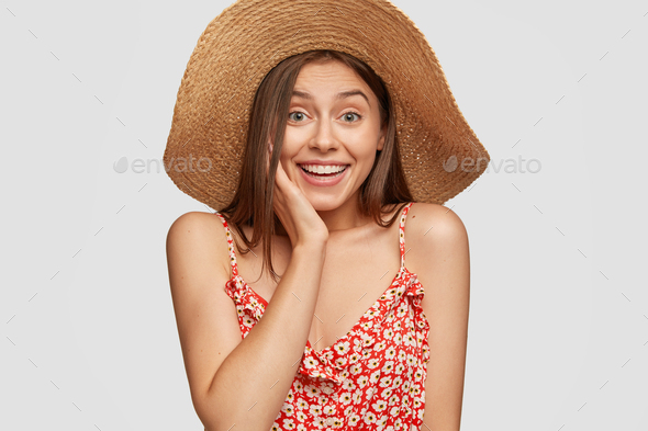 Beauty and fashion concept. Happy overjoyed female model giggles from ...