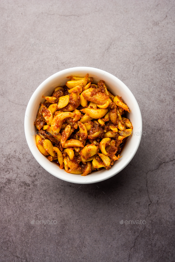 Indian Garlic Pickle or Lahsun Achar served in a bowl, selective focus ...