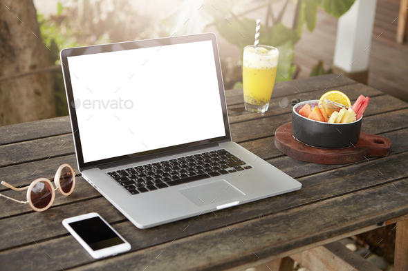 Technology, business and communication concept. Workspace with modern ...