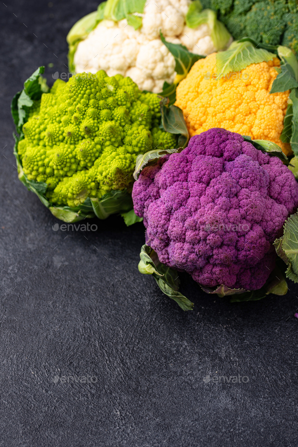 Purple, yellow, white and green color cauliflowers Stock Photo by ...