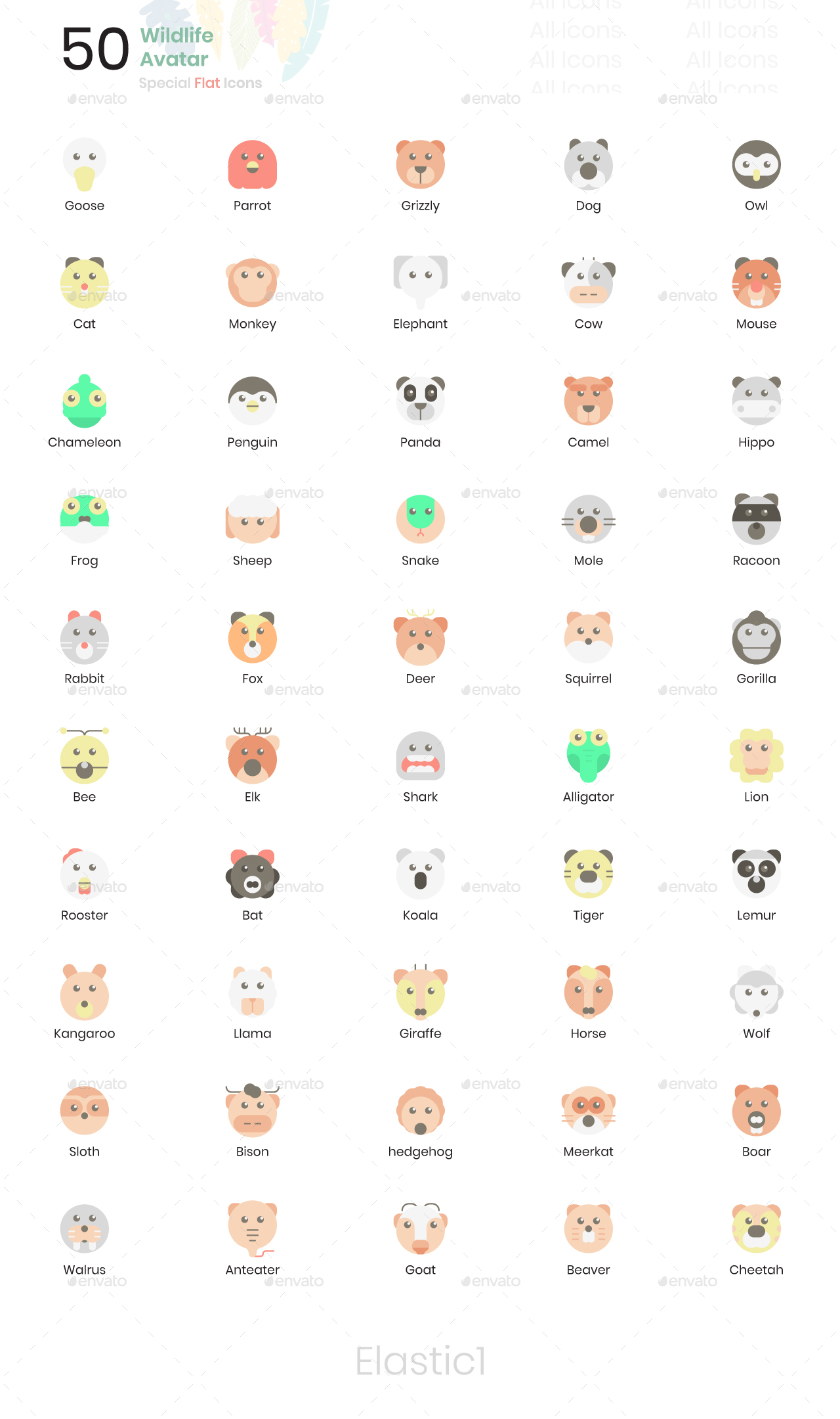 Wildlife Avatar Flat Icons, Icons | GraphicRiver
