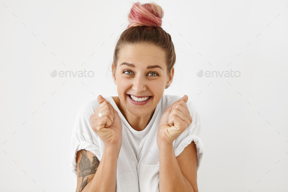 People, winning, joy, excitement, celebration, victory and success concept. Picture of nice ...