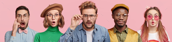 Composition of five different people wear spectacles, look with ...