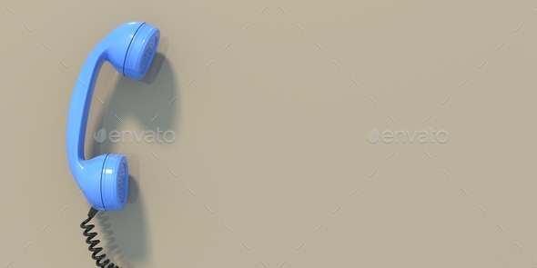 Retro telephone, blue old phone handset on beige wall background, copy ...
