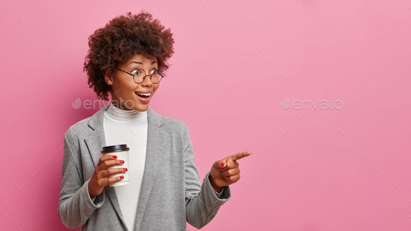 Horizontal image of happy surprised business lady with glad reaction ...