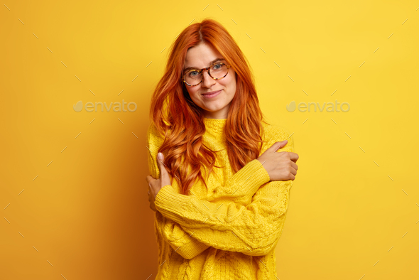Lovely Tender Redhead Woman Embraces Herself And Feels Comfort In New
