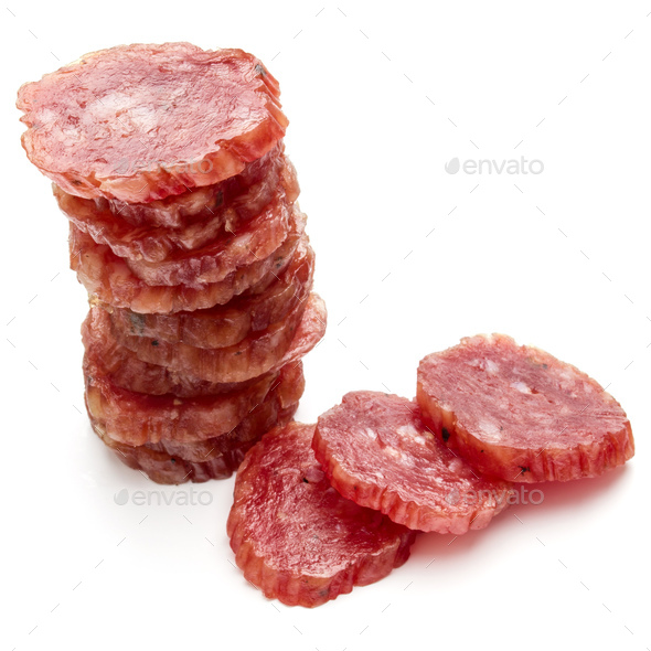 Salami smoked sausage slices isolated on white background cutout Stock Photo by natika