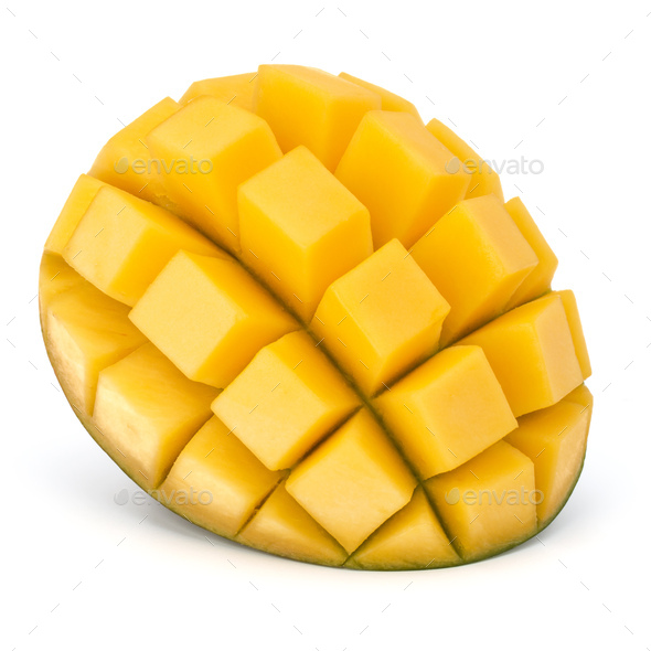 Sliced mango cubes isolated on white background Stock Photo by natika
