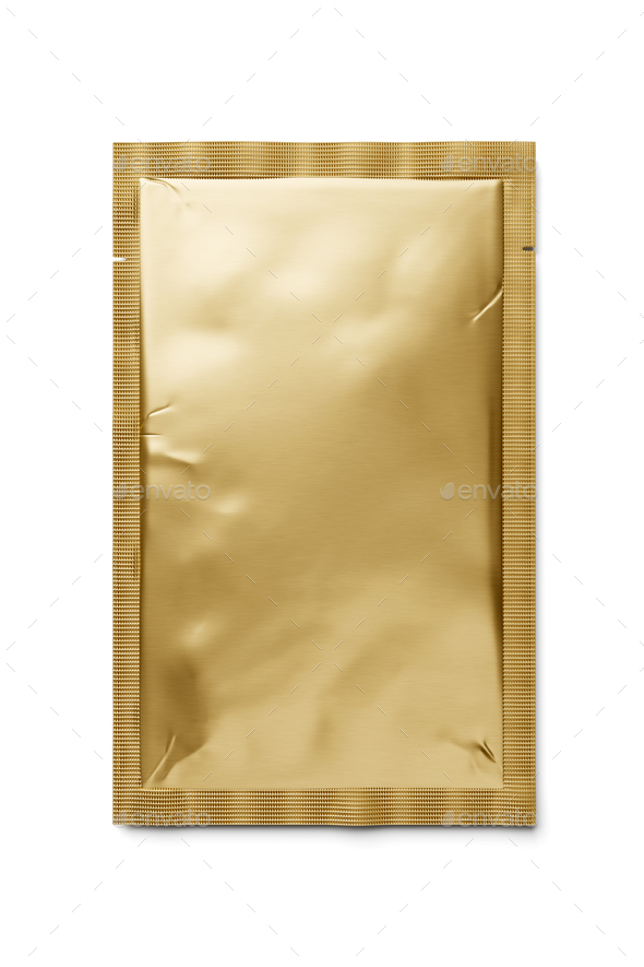 Golden foil sachet isolated on white background. 3D rendering. Stock ...