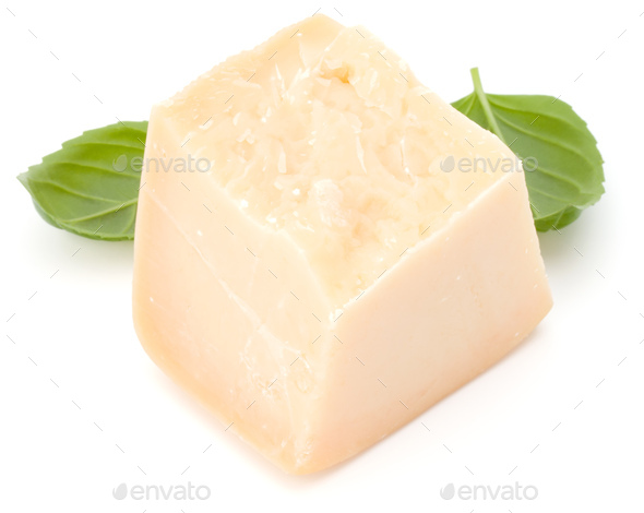 One parmesan cheese shred and basil leaf isolated on white background ...