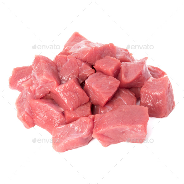 Raw chopped beef meat pieces isolated om white background cut out ...