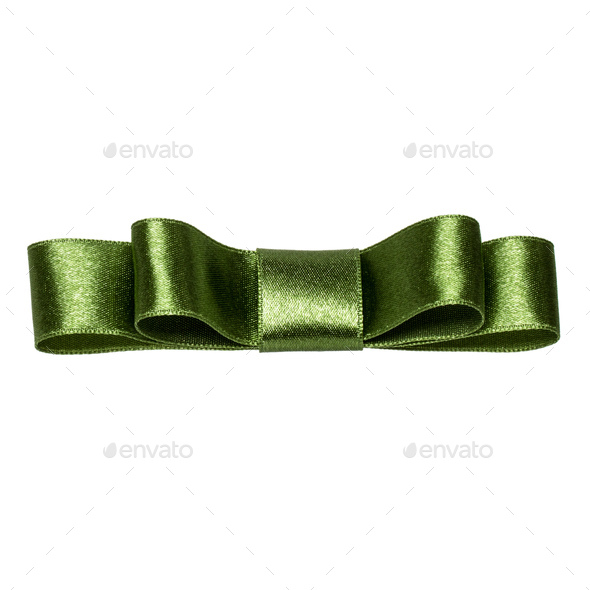 Shiny satin ribbon bow in dark green color isolated on white background ...