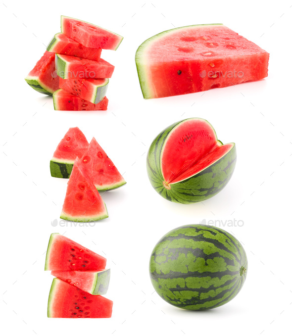 Collection of whole and cut watermelon fruits isolated on white ...