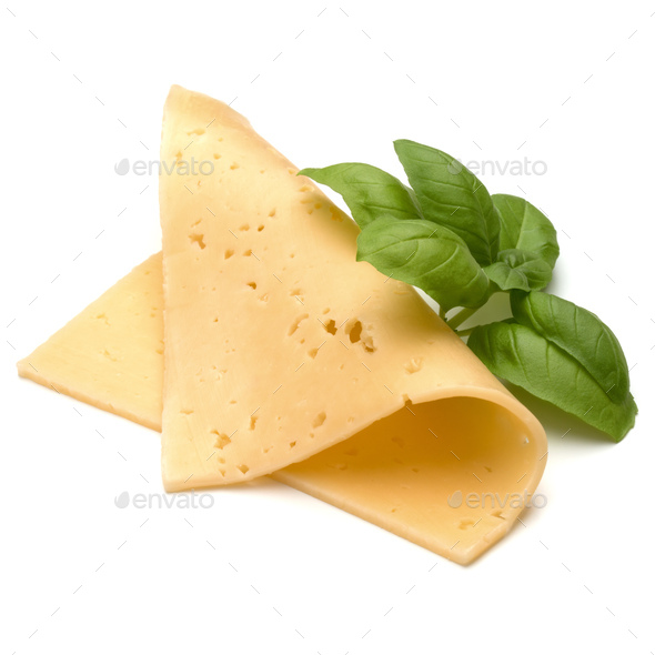 cheese slice and basil herb leaves isolated on white background cutout ...