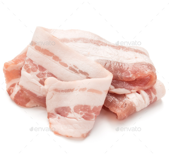 sliced pork bacon isolated on white background cutout Stock Photo by natika