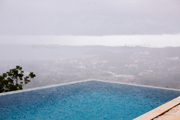 Rainy day in Thailand, Koh Samui. View from top villa on infinity ...