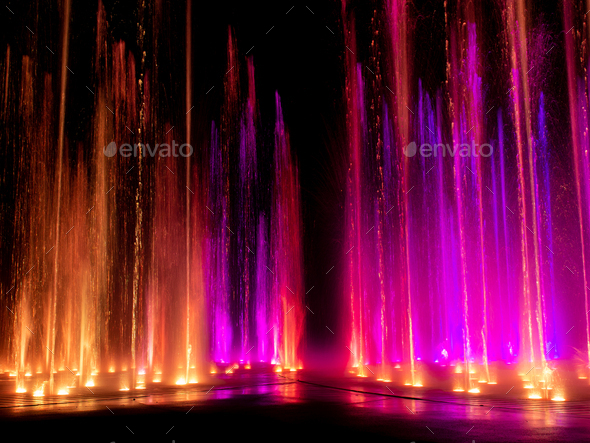 colored decorative dancing water jet led light fountain show at night ...