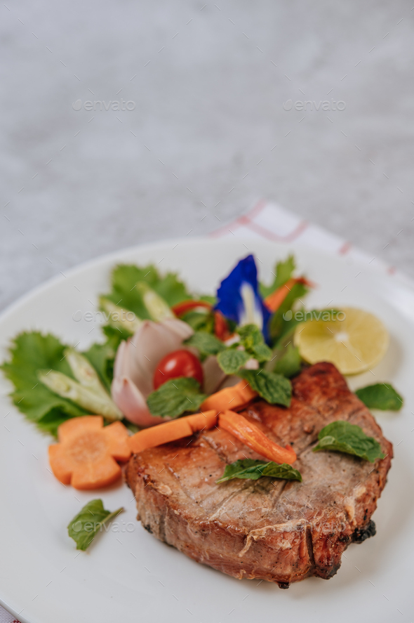 Pork Steak with Tomato, Carrot, Red Onion, Peppermint, Butterfly Pea ...