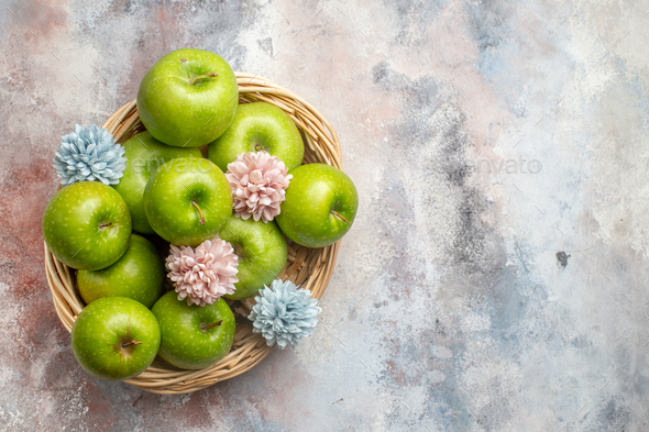 top view fresh green apples inside basket on light background fruit ...