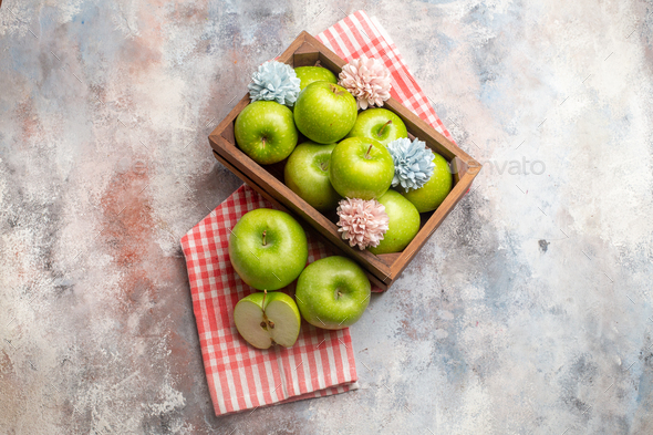 top view fresh green apples inside box on light background photo ripe ...