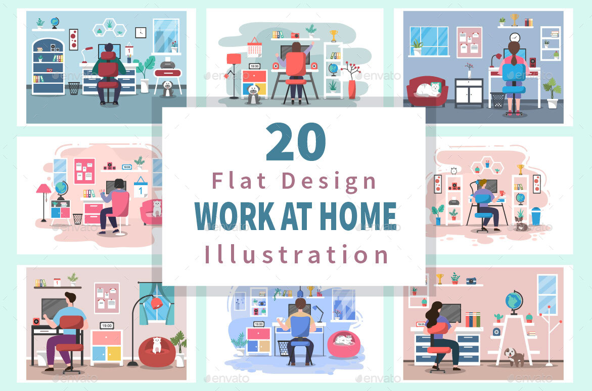 20 Work From Home Flat Design, Vectors | GraphicRiver