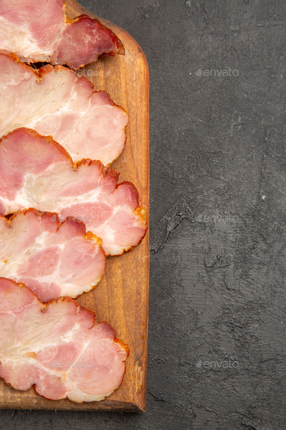 top view sliced ham on wooden desk and grey background photo meat food ...